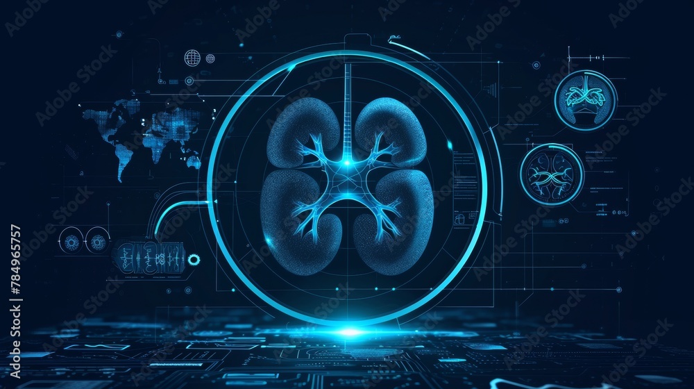 Futuristic medical research or kidney health care with diagnosis and ...