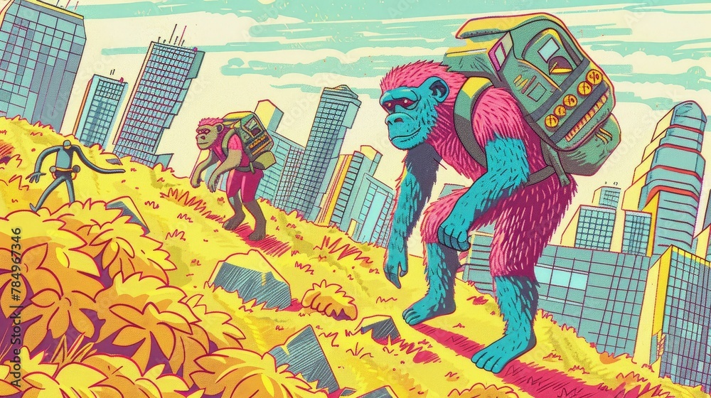 Monkeys adapting to a random, overgrown urban park, the concrete jungle ...