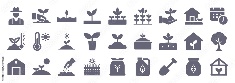Gardening glyph flat icons. Vector solid pictogram set included icon as ...