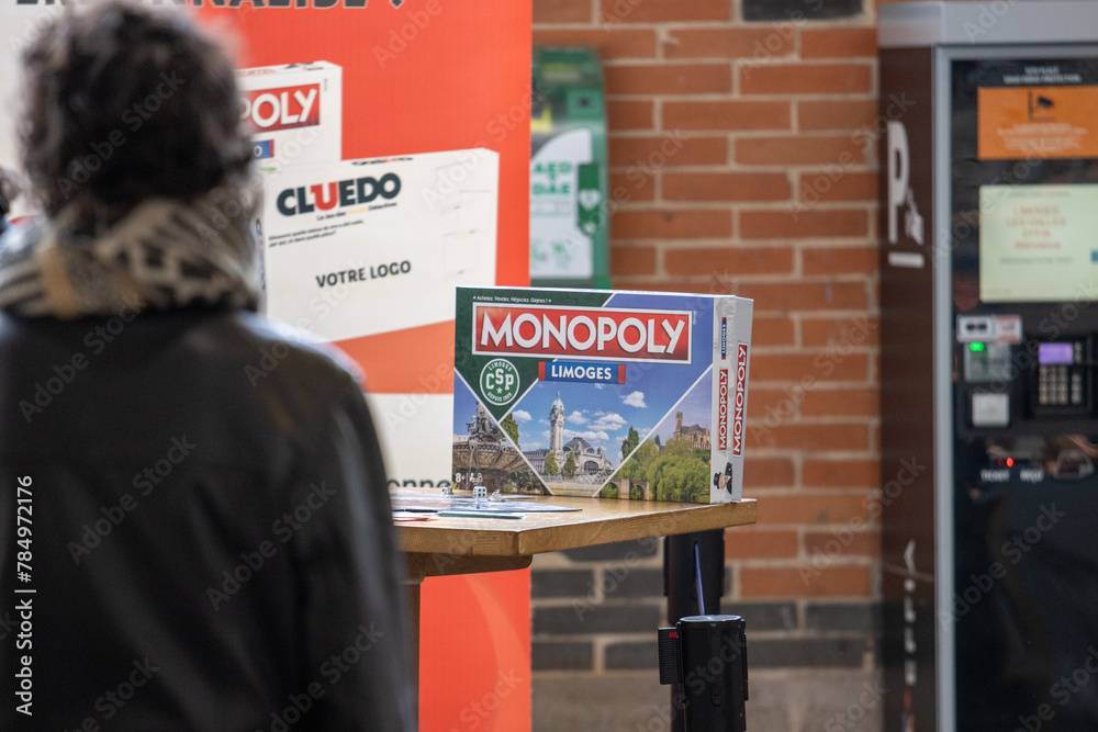 France, 30 March 2024: Monopoly board game on display in a public space ...