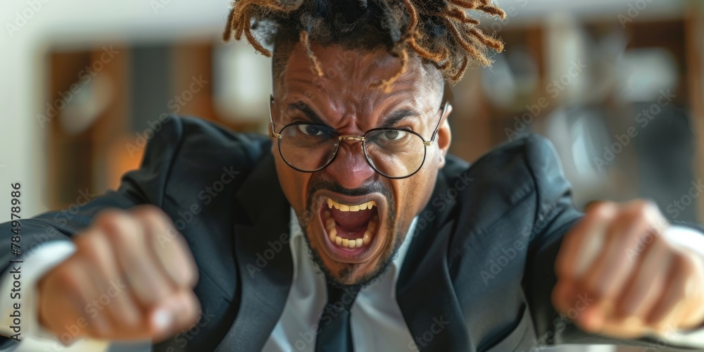 Angry male professional in a suit expressing rage with tightened fists ...