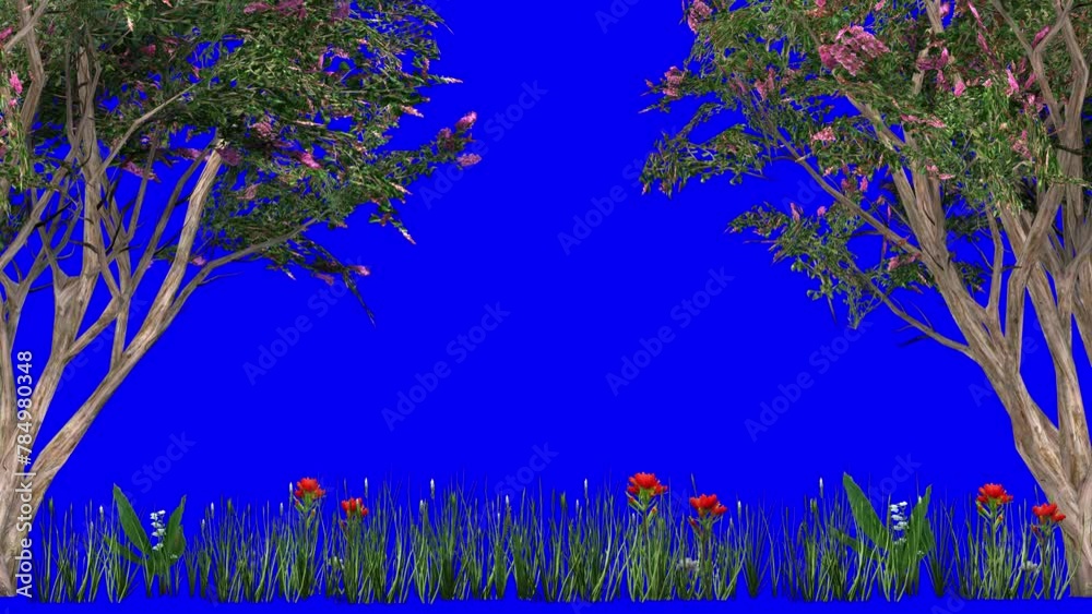 3D grass and crape myrtle trees with wind effect on blue screen 3D ...