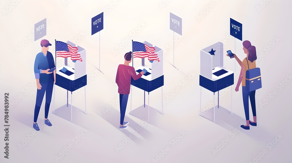 Isometric illustration of voters at polling stations with American ...