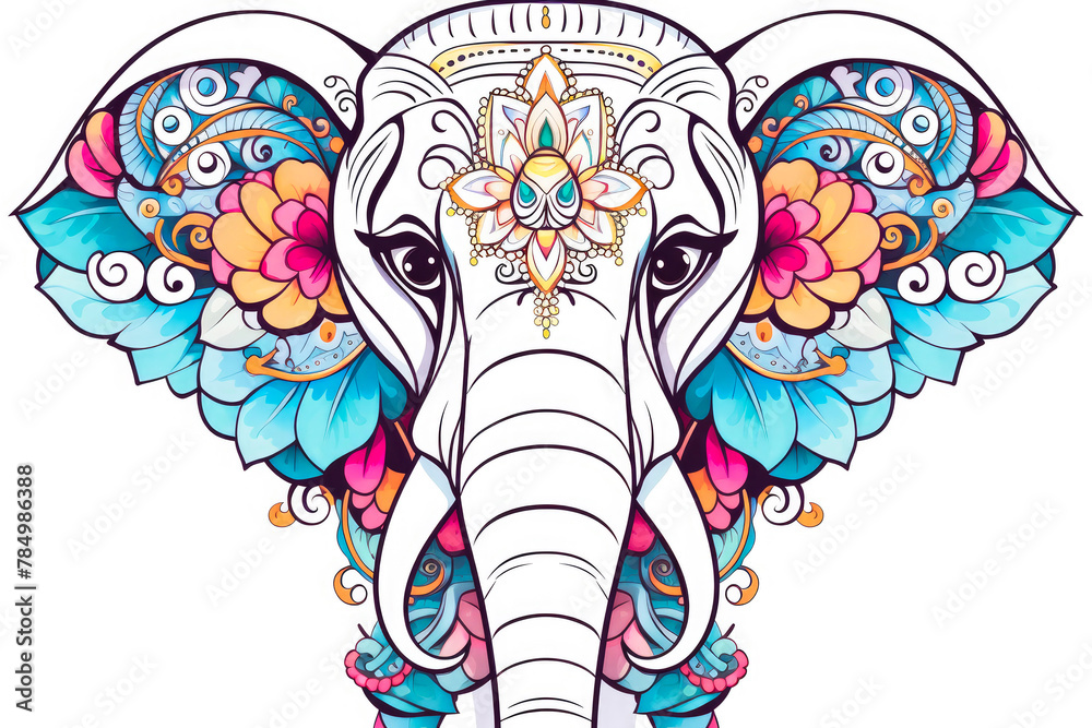 Multi-colored, painted drawing of elephant zentangle style on a white ...