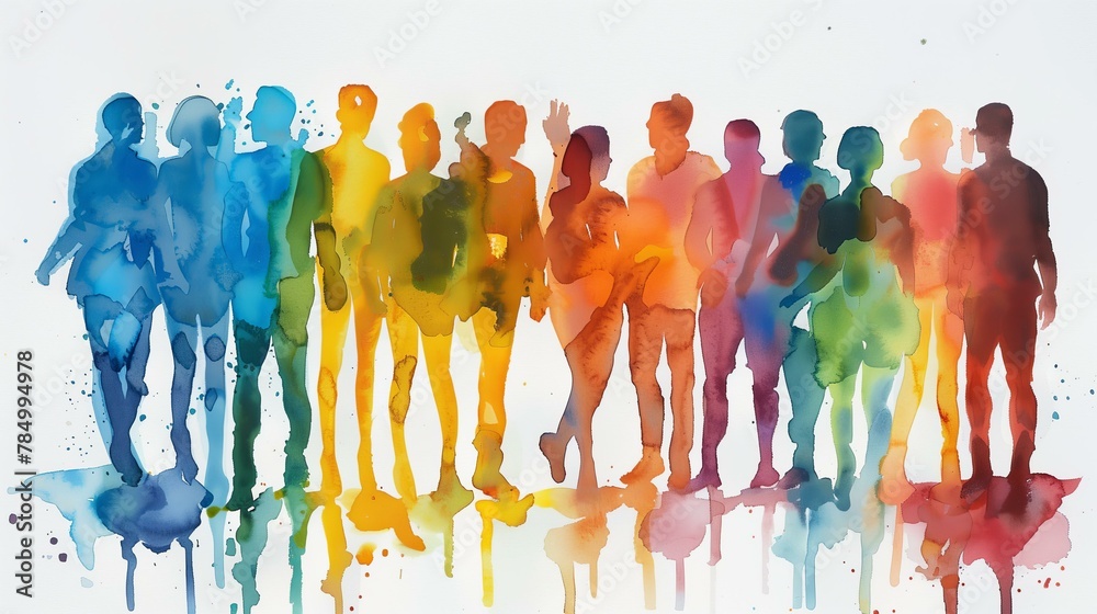 watercolor illustration of people silhouettes in different LGBTQ colors ...