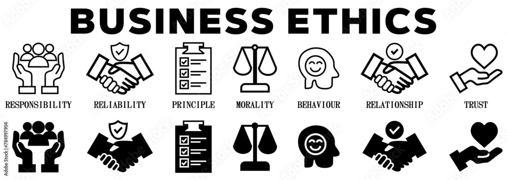 Business Ethics banner with icons. Outline icons of Responsibility ...