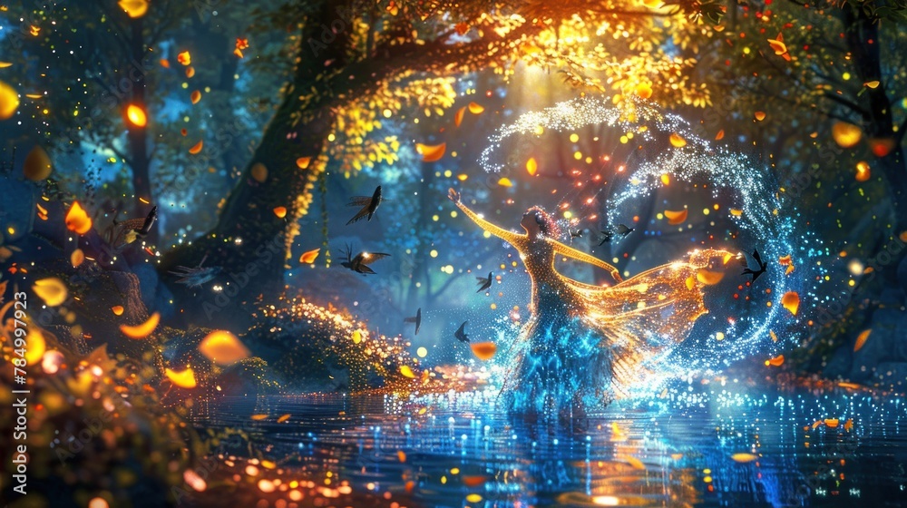 A beautiful girl with long flowing hair dances in a moonlit forest. She ...