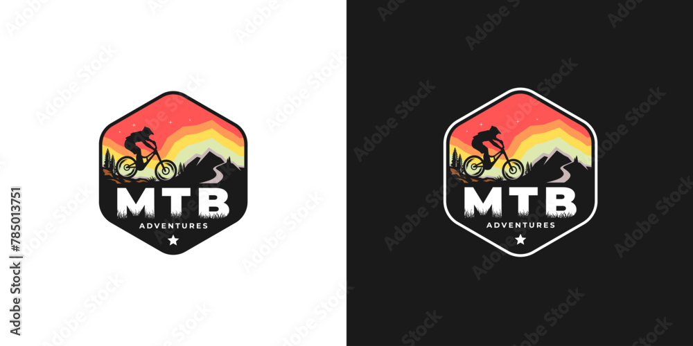 An MTB (Mountain Bike) illustration emblem logo featuring a mountain ...