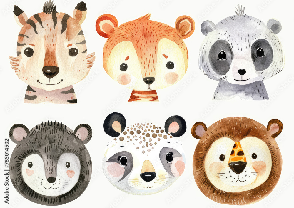 Cute animal face clipart set, watercolor cartoon illustration isolated ...