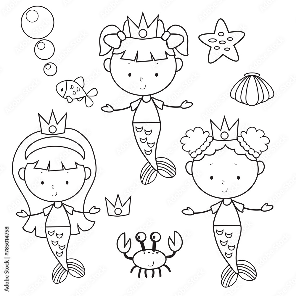 Poster Stick figure cute sea mermaid princess vector cartoon ...