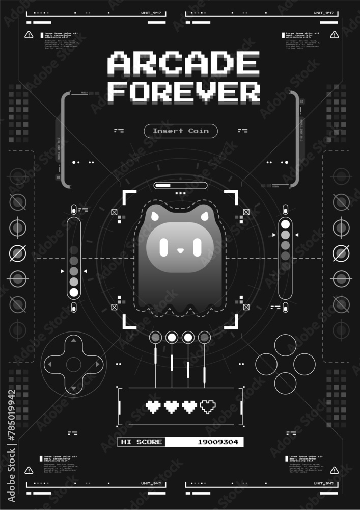 HUD poster, virtual reality style. Futuristic poster with retro games ...