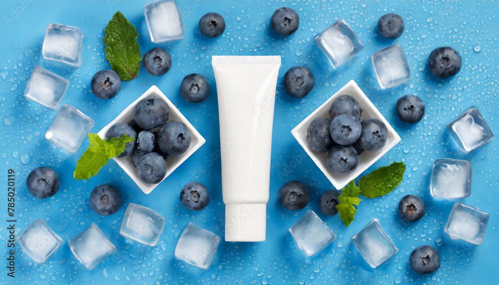 Overhead photo of blueberries transparent cubes ice water drops and ...