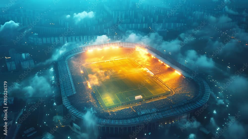 Aerial view on soccer stadium in evening time, Football arena with ...