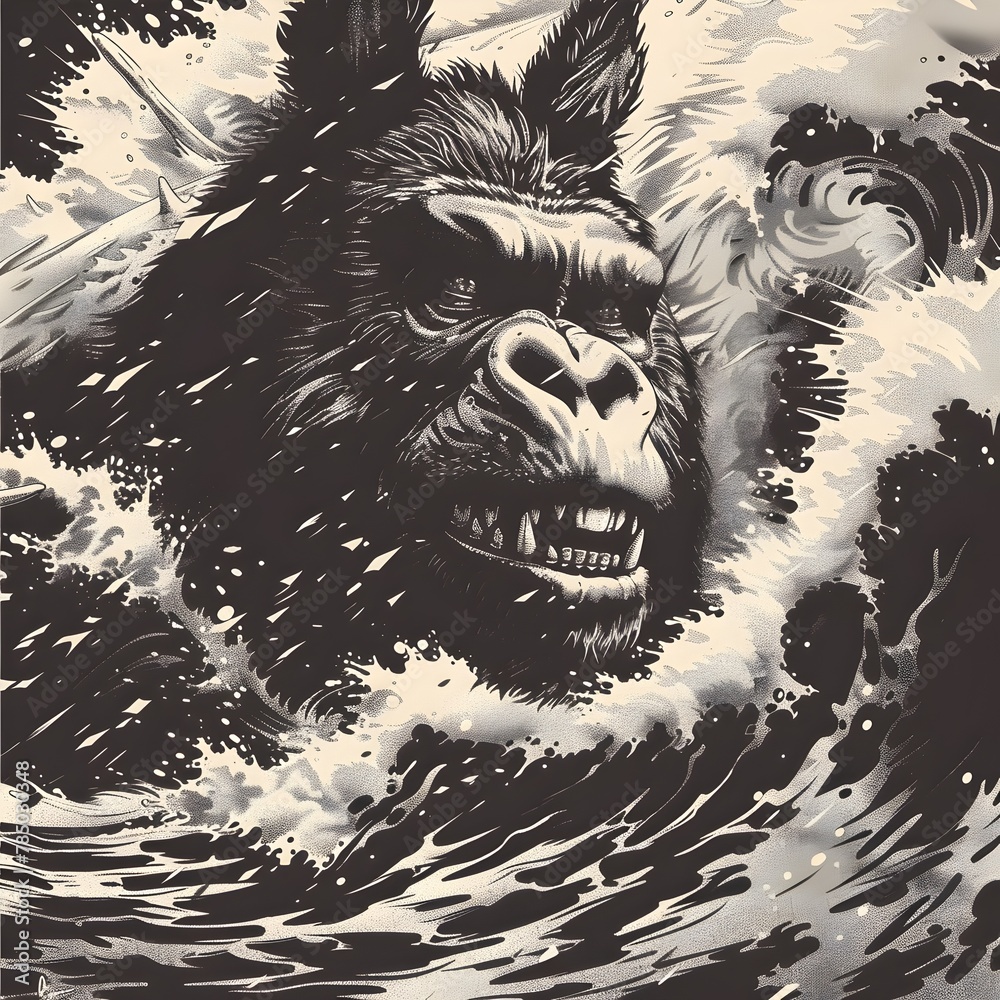 Colossal Gorilla Rabbit Hybrid Kaiju Emerging from Churning Ocean Waves ...