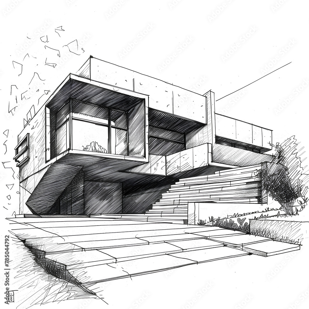 Architectural Sketch of Modern House Design, Perspective Drawing, Black ...