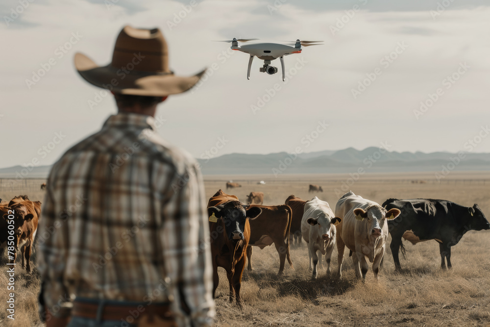 Modern cowboy using a drone to monitor cattle in an expansive ...