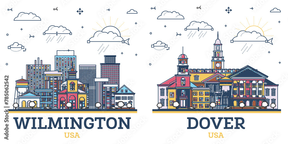 Outline Dover and Wilmington Delaware USA City Skyline set with colored ...