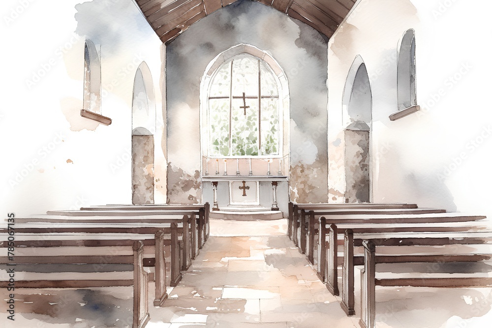 Watercolor illustration of a church interior with wooden benches and ...