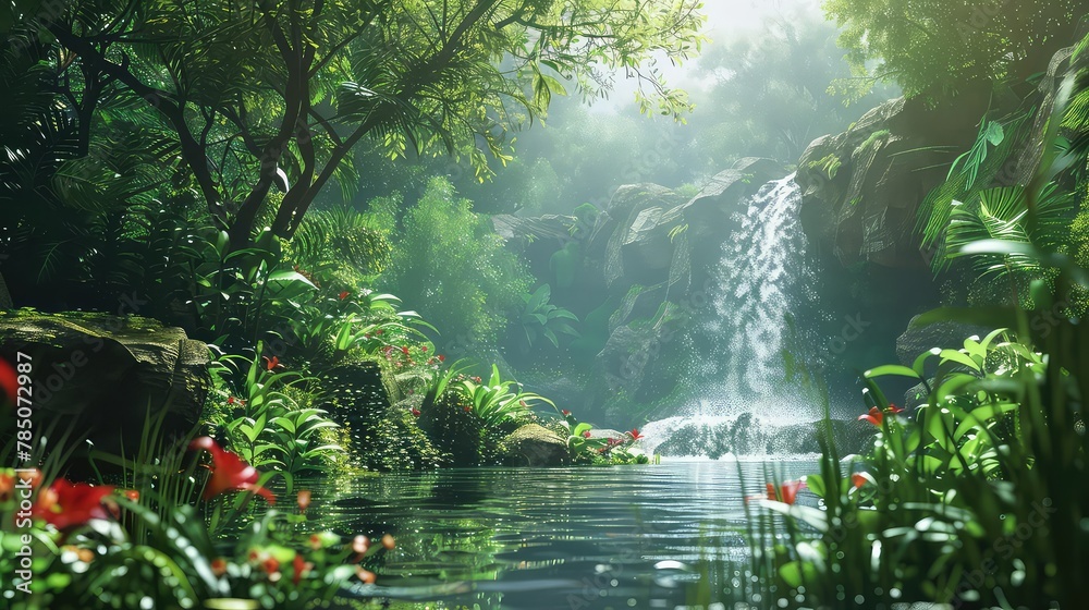 Sun's rays seep through the thick green leaves of a forest of serene ...