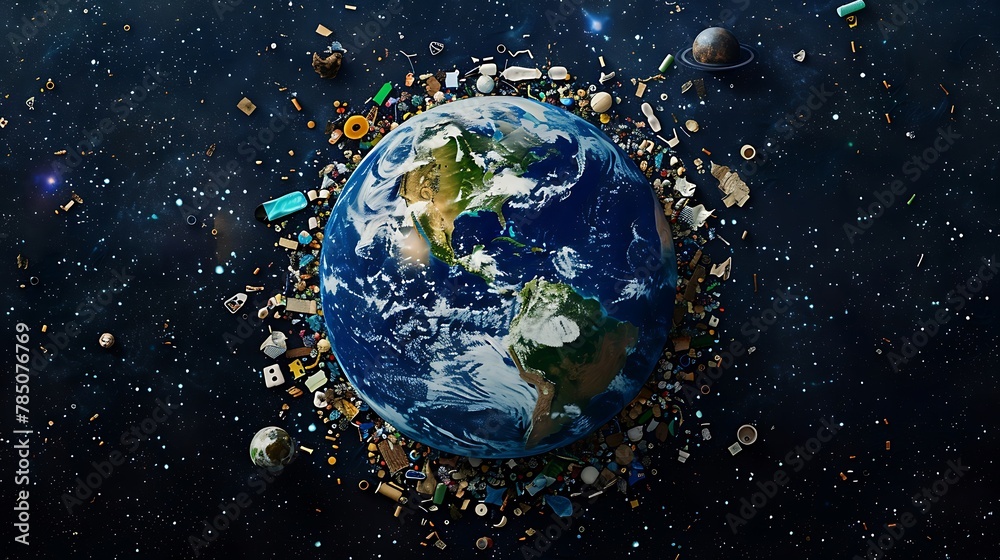 Earth from space with various plastic waste on the one side for earth ...