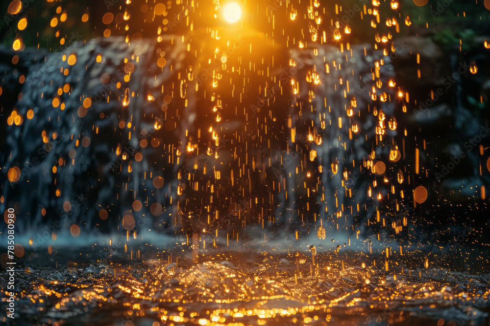 A photograph showing the sun setting behind a waterfall, the light ...
