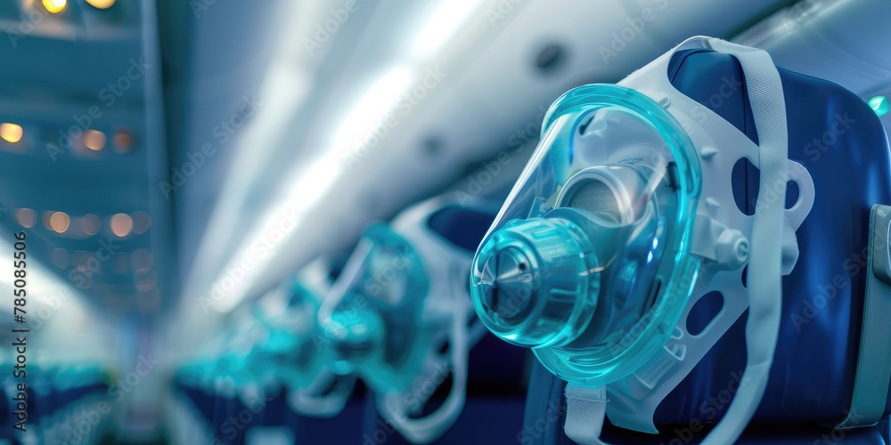 Oxygen emergency masks in an empty airplane cabin. Safety rules for ...