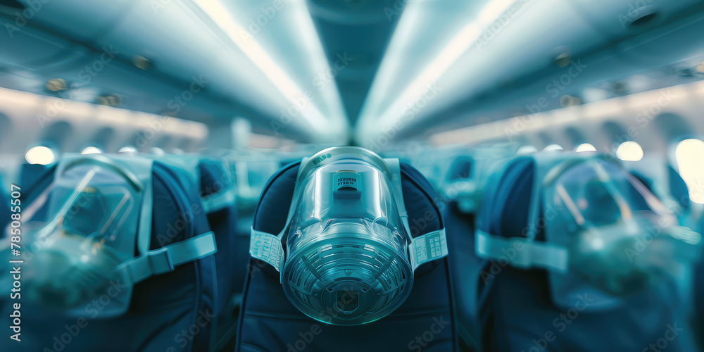 Oxygen emergency masks in an empty airplane cabin. Safety rules for ...