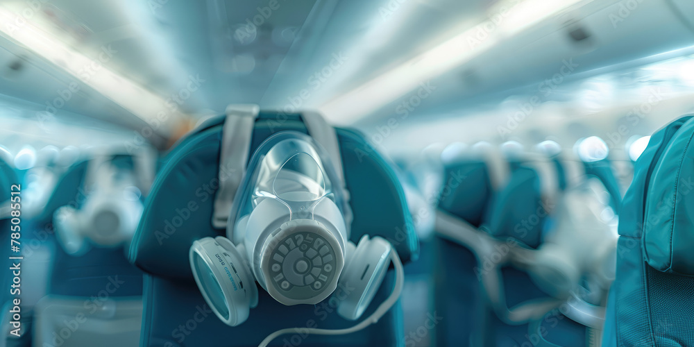 Oxygen emergency masks in an empty airplane cabin. Safety rules for ...