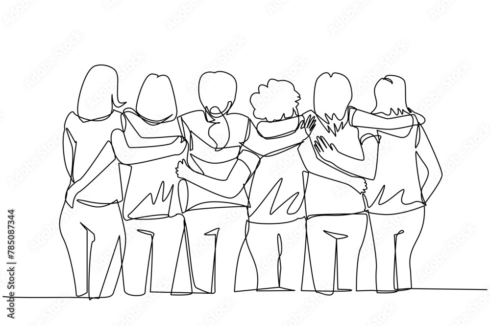 one line drawing 6 women standing in line to the side hugging each ...