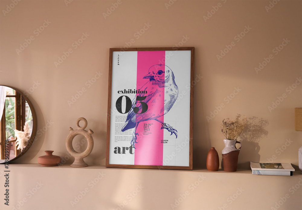 Mockup of vertical wooden poster frame on shelf, customizable Stock ...
