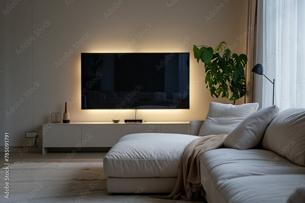 A modern minimalist living room featuring a large TV with ambient ...