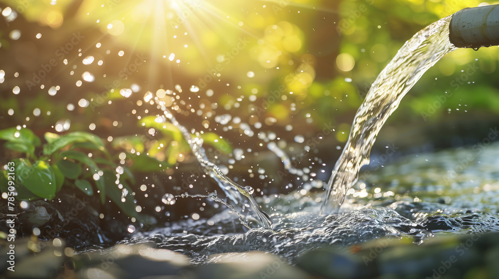 Sparkling Water Flow in Sunlit Park. Crystal clear water gushing from a ...