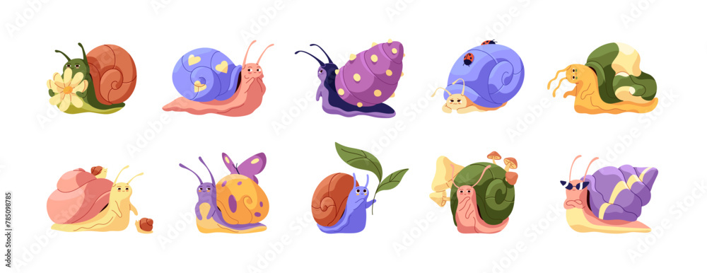 Cute snail characters set. Different slugs with patterned coiled shells ...