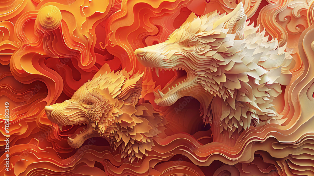 A paper scene featuring a Cerberus with three heads, each layer ...