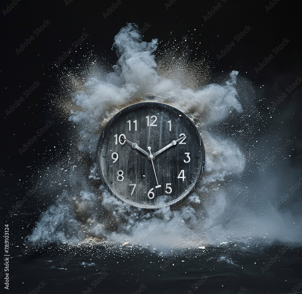 A striking image of a clock where each tick releases a fine dust ...