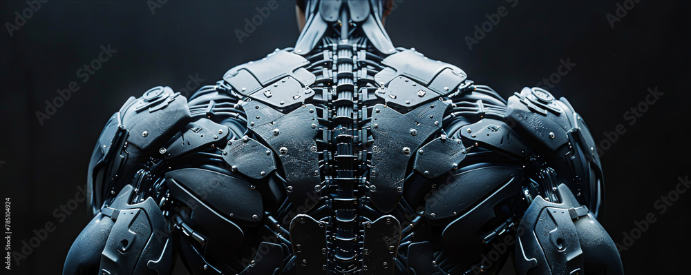 The back of a human torso, muscles blending into metallic plates and ...