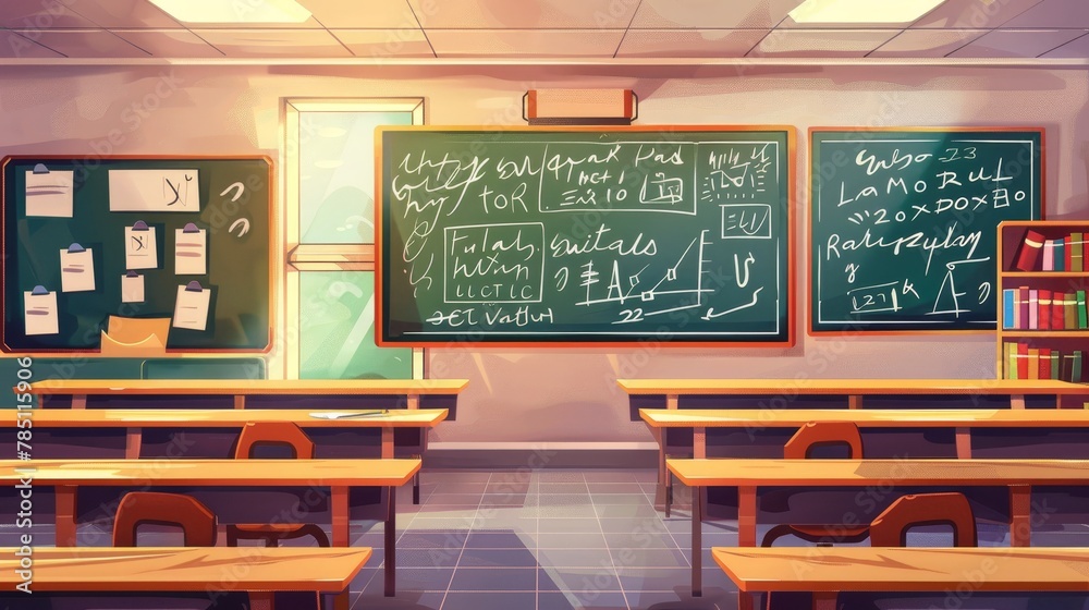 Typical math classroom with a chalkboard and formula on it. Modern ...