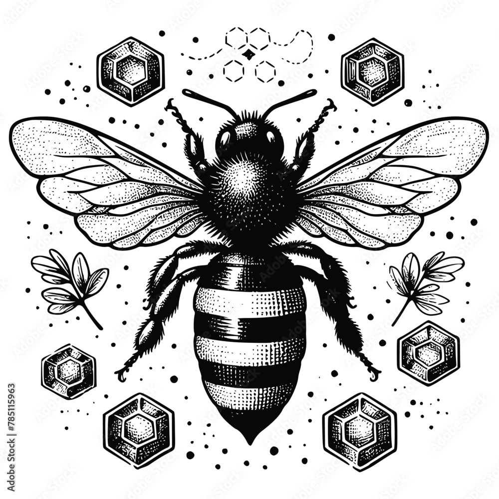 Honey Bee Sketch Old Engraving Vector Illustration Hand Drawn Vintage Honey Bee Old Engraving