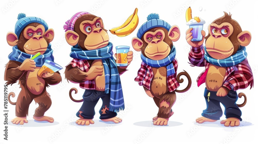 Animated cartoon monkeys with cute banana mascots and flu wrapped in ...