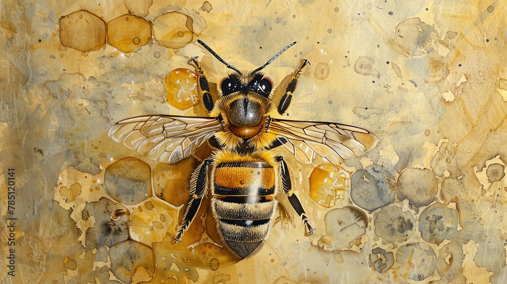 Design a bee seen from a top-down perspective, elegantly gliding over a textured honeycomb in a ...
