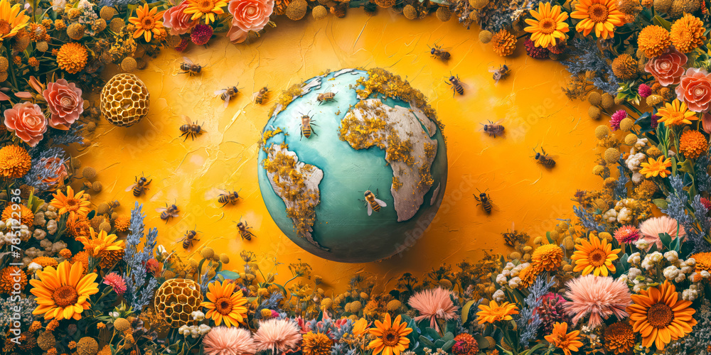 Bees around a floral globe, symbolizing global biodiversity and the ...