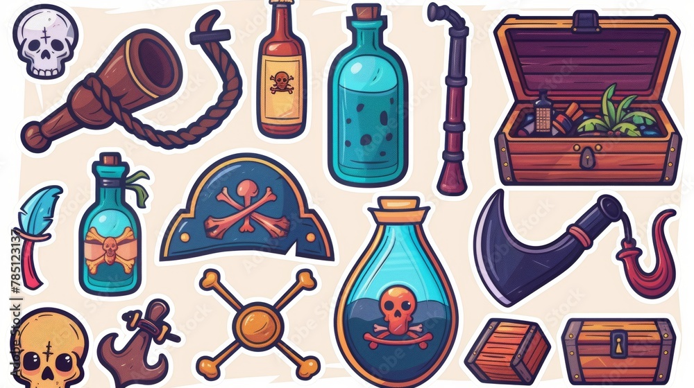 Cartoon modern patches with pirate cannons, treasure chests, flags with ...