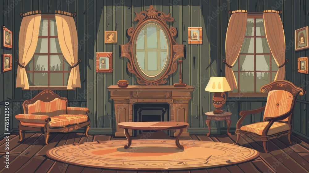 An animated living room with sofas, armchairs, mirrors, and coffee ...