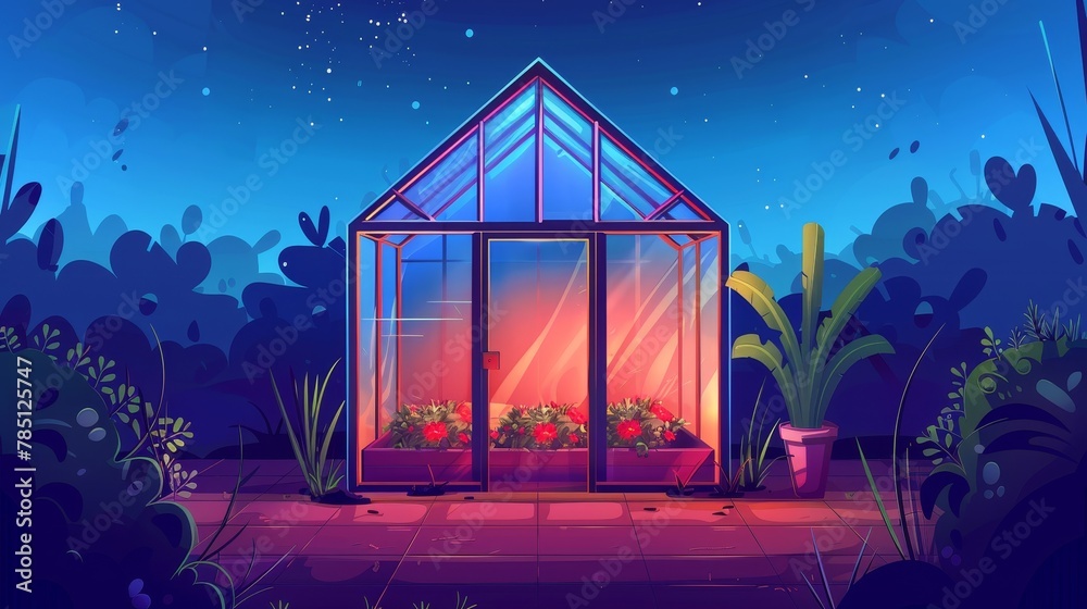 In the dark, an empty greenhouse with an open door at night. Modern ... In the dark, an empty greenhouse with an open door at night. Modern ...