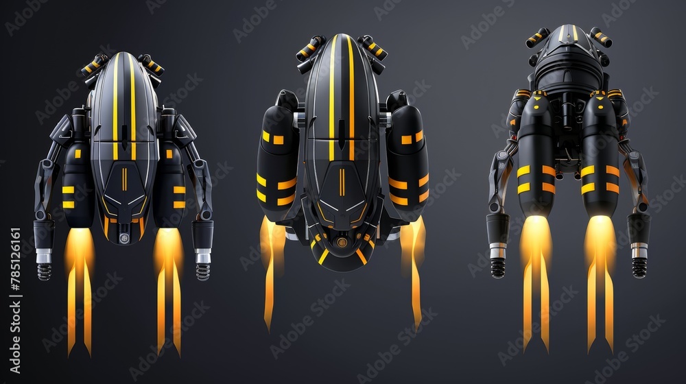 Isolated 3D modern illustration of a futuristic jetpack with yellow ...