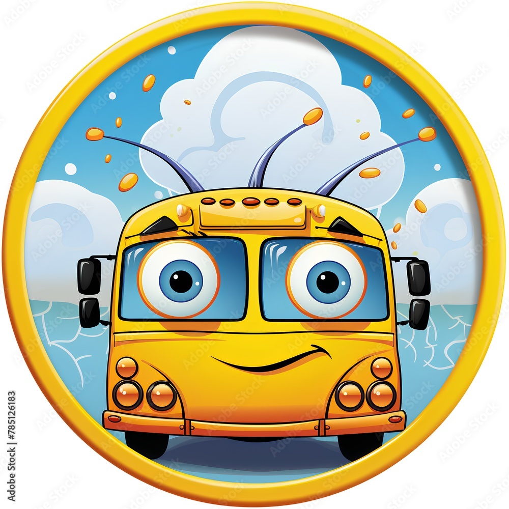 Cartoon yellow school bus with eyes and mouth in the round frame Stock ...