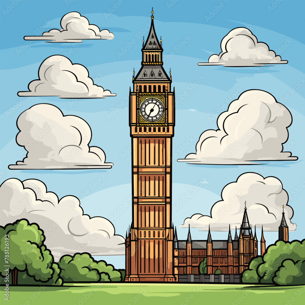 Big Ben hand-drawn comic illustration. Big Ben. Vector doodle style ...