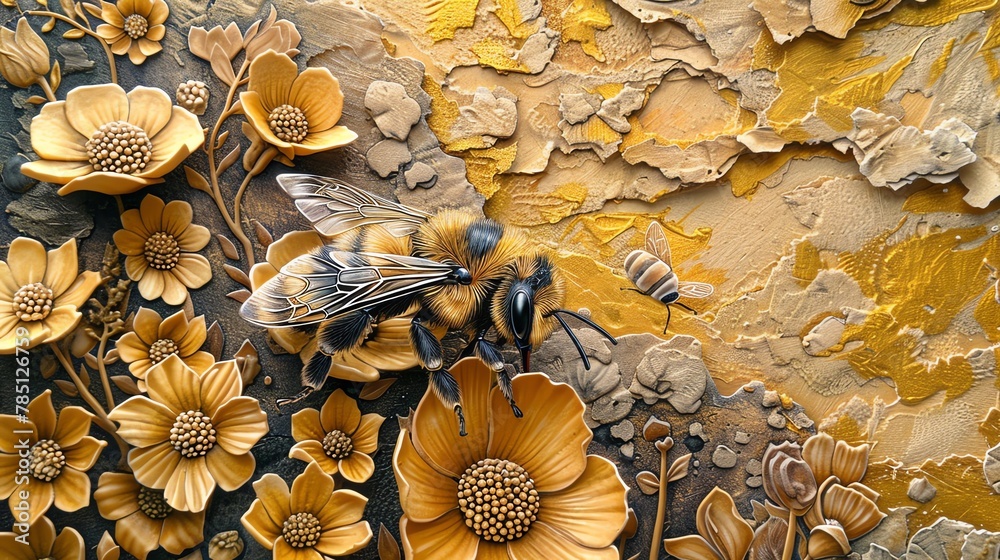 Illustrate a birds-eye perspective of a bee meticulously examining a ...