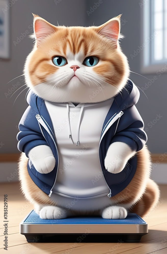 A cute fluffy sad fat cat is crying in a tracksuit with a bare belly, his belly sticks out from ...