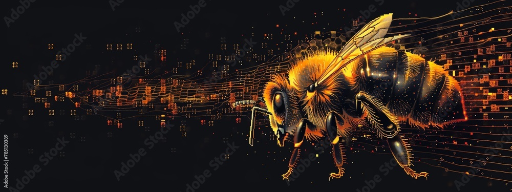 Produce a visually striking representation of a bees backside in pixel ...